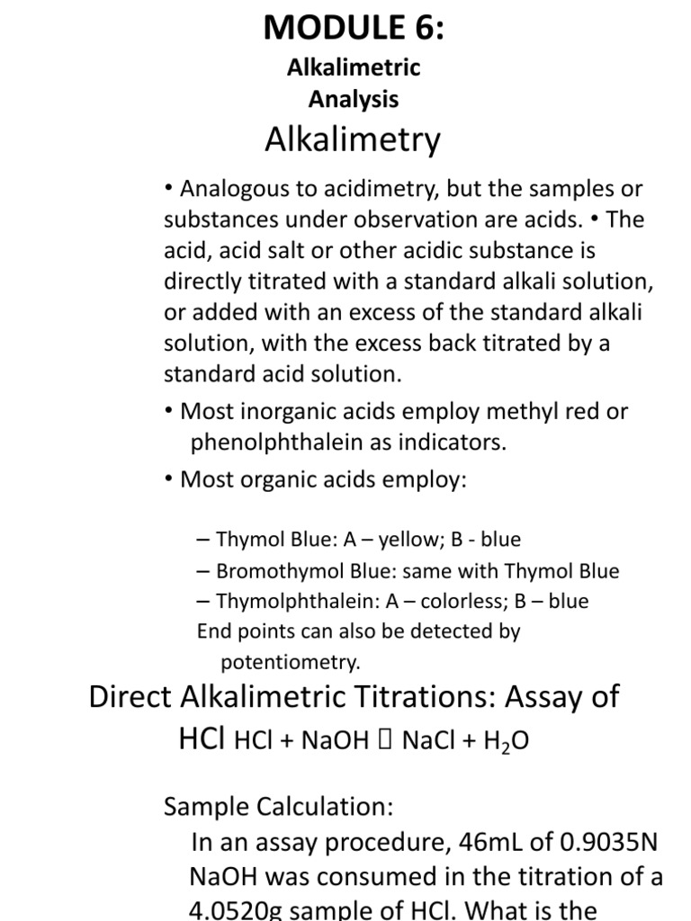 MODULE 6 Alkalimetric Analysis | PDF | Cooking, Food & Wine | Science ...