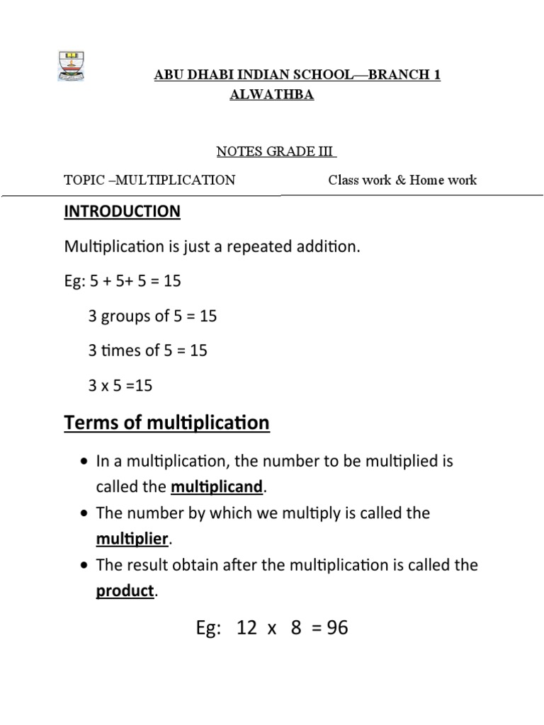Terms of Multiplication: Abu Dhabi Indian School-Branch 1 Alwathba | PDF | Multiplication | Algebra