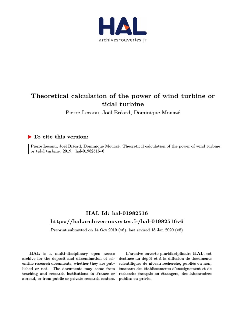 Theoretical Calculation of The Power of Wind Turbine or Tidal Turbine ...