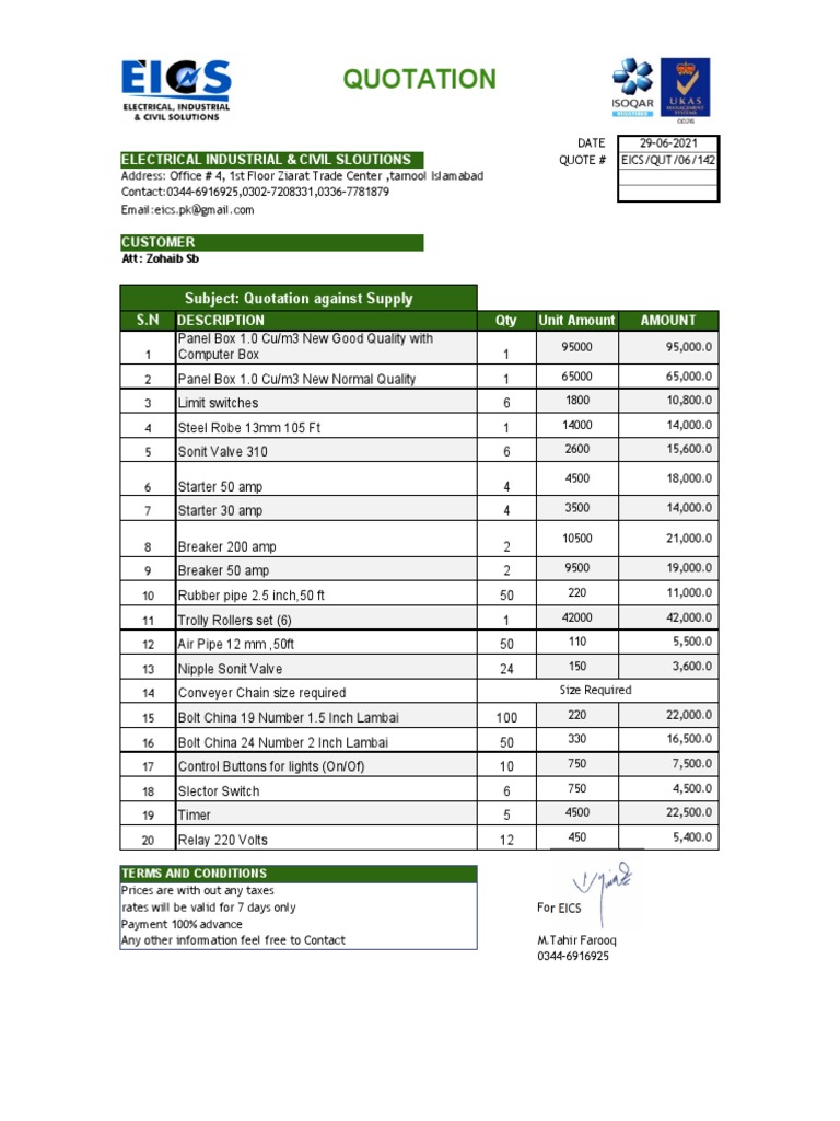 Quotation for Electrical, Industrial and Civil Solutions | PDF ...