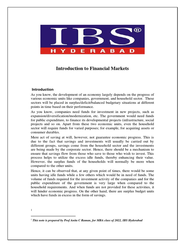Introduction To Financial Markets: This Note Is Prepared by Prof Anita ...