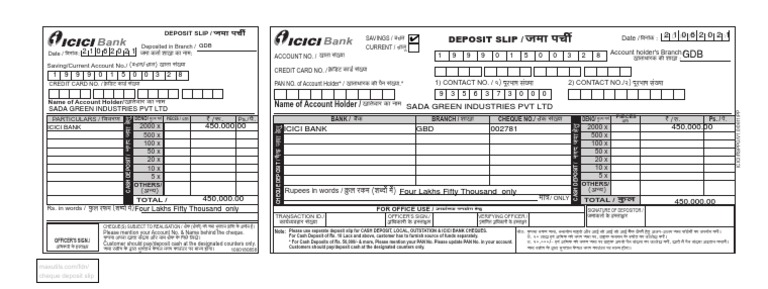 Icici Cheque Payinslip | PDF | Banking | Financial Services