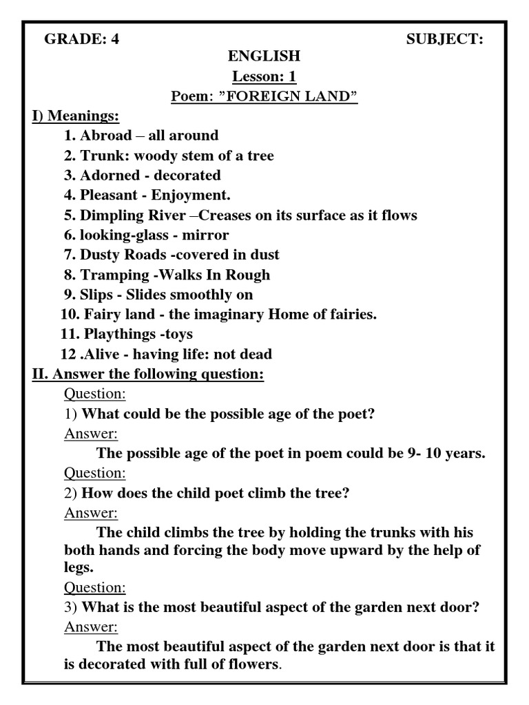 Grade 4 English poem analysis | PDF | Nature