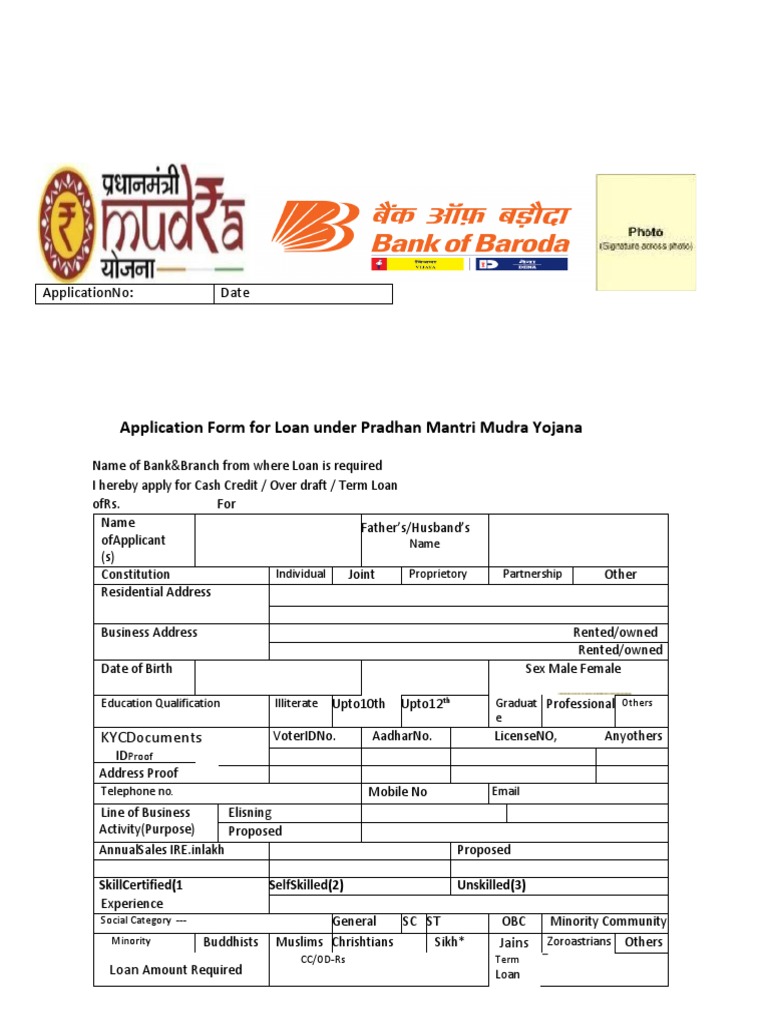Application Form For Loan Under Pradhan Mantri Mudra Yojana: Applicationno: Date | PDF | Loans ...