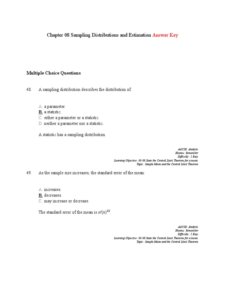 Chapter 08 Sampling Distributions and Estimation: Multiple Choice ...