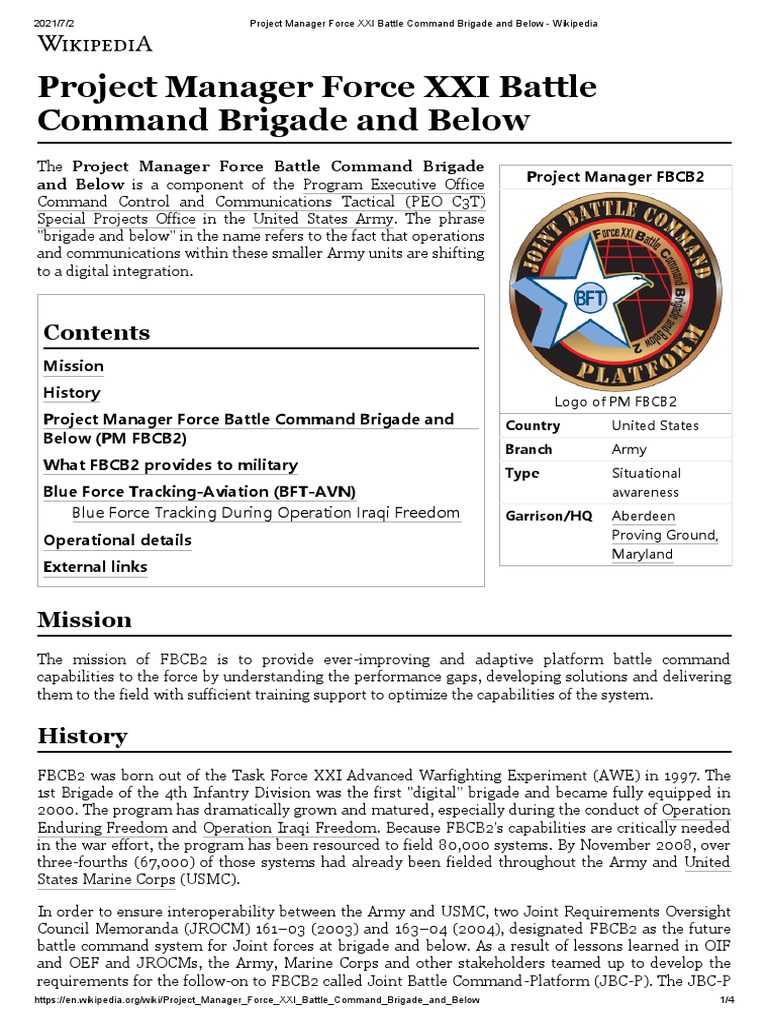 Project Manager Force XXI Battle Command Brigade and Below - Wikipedia ...
