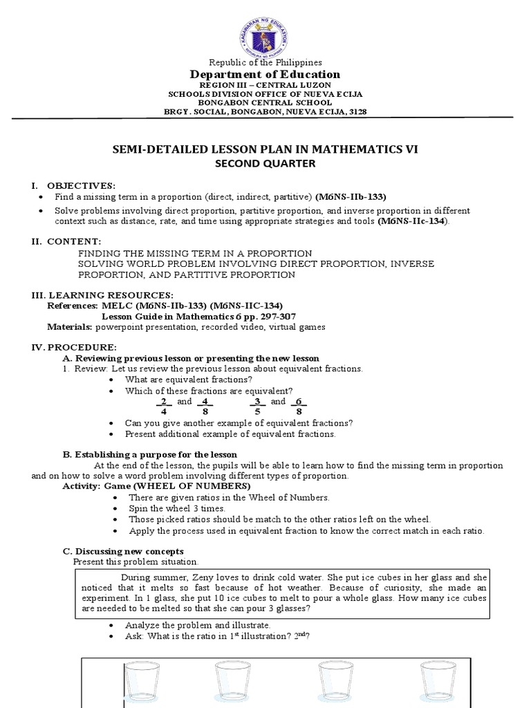 Department of Education: Semi-Detailed Lesson Plan in Mathematics Vi ...