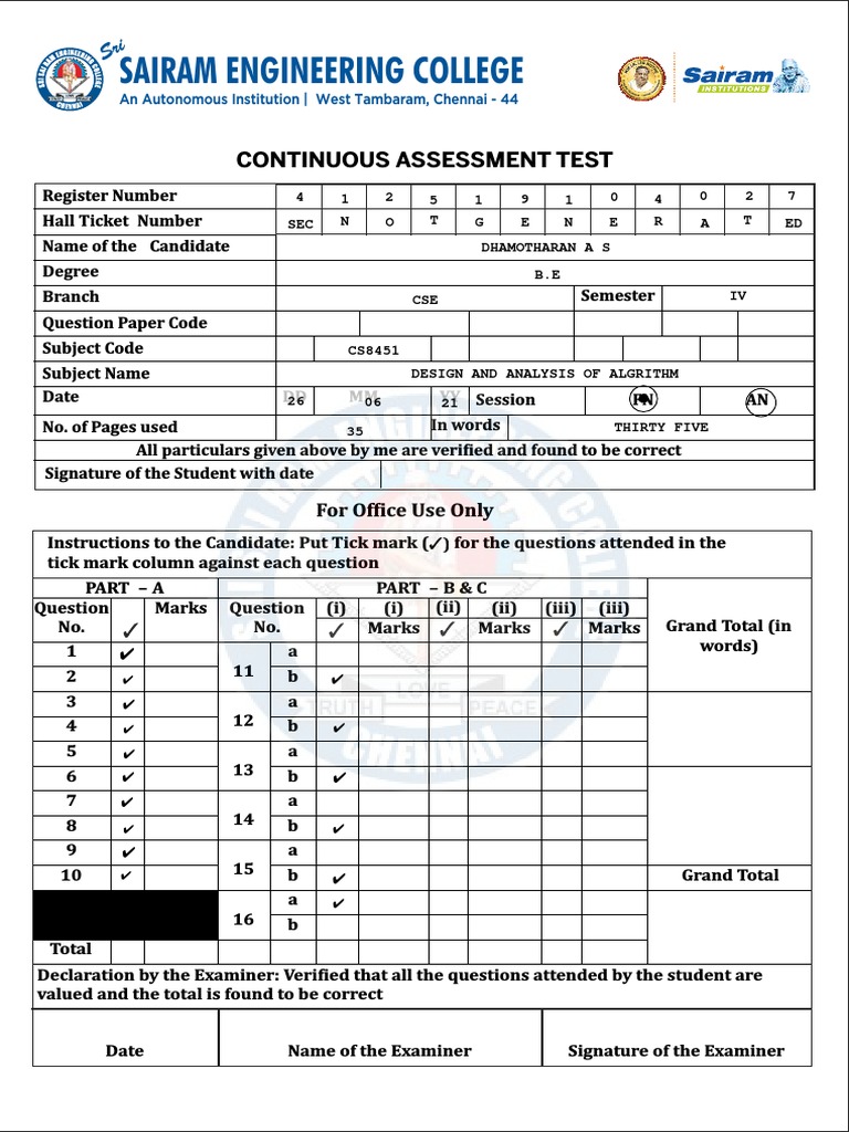 Sairam Engineering College: Continuous Assessment Test | PDF ...