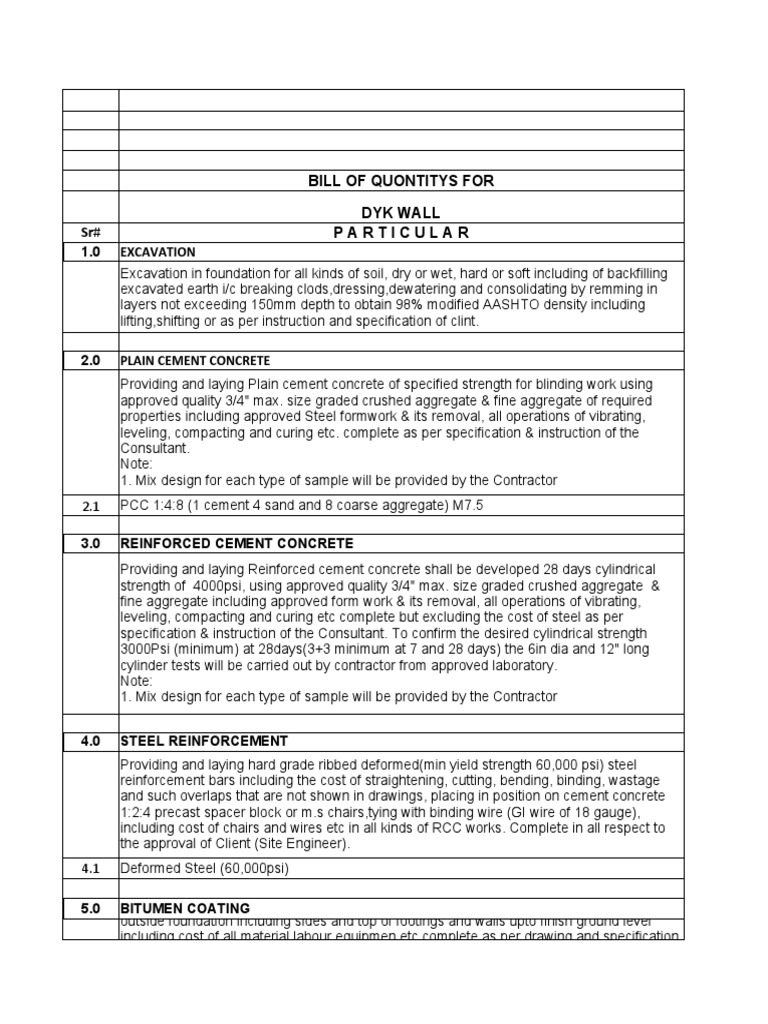 Bill of Quontitys For Dyk Wall SR# Particular: 1.0 Excavation | PDF ...