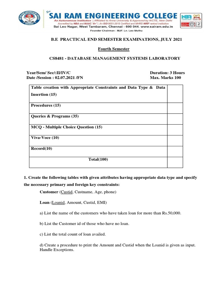 Cs8481-Dbms FN Set1 | PDF | Sql | Table (Database)