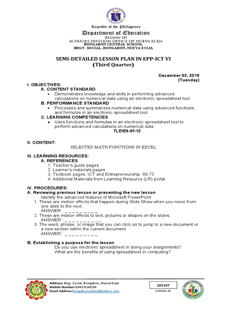 Semi Detailed LP in ICT (SELECTED MATH FUNCTIONS IN EXCEL) | PDF ...