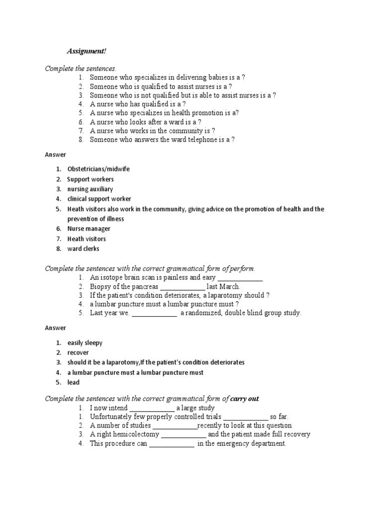 Assignment!: Complete The Sentences | PDF | Emergency Department | Nursing