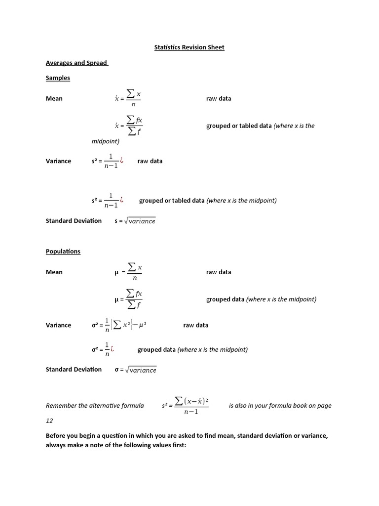 Statistics 1 Revision Sheet | PDF | Standard Deviation | Correlation ...