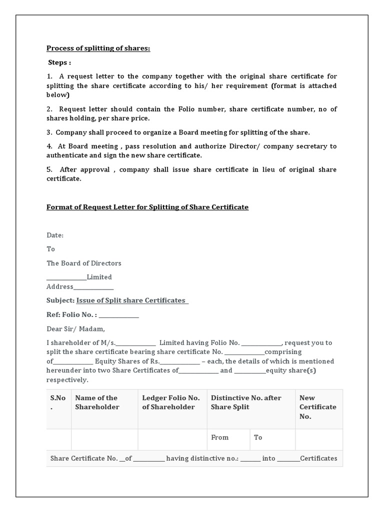 Share Certificate Splitting Procedure | PDF | Business | Finance ...