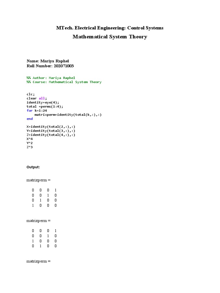Mathematical System Theory: Mtech. Electrical Engineering: Control ...