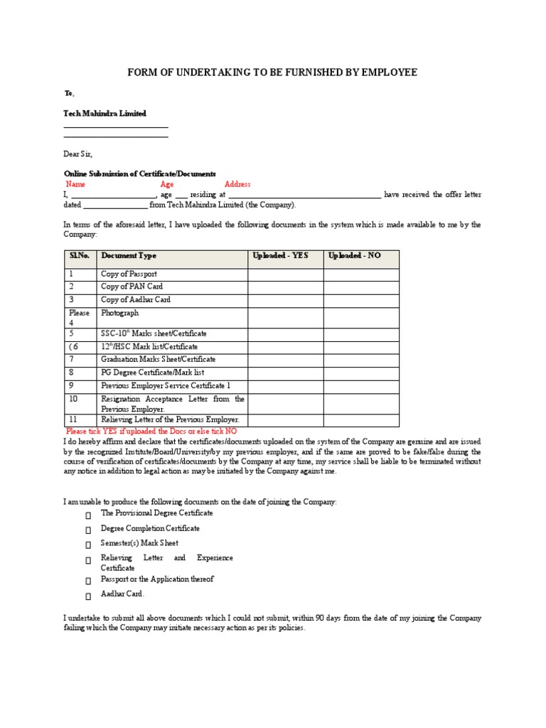 Undertaking From Employee For Documents - HR 1 | PDF | Indemnity ...
