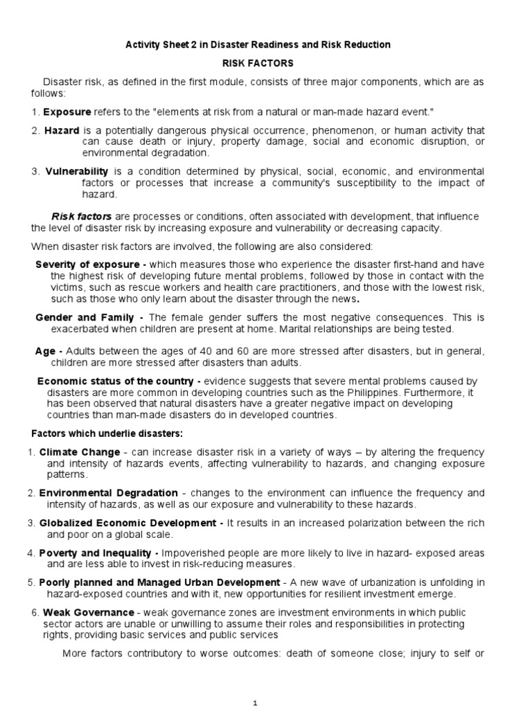 Activity Sheet 2 in Disaster Readiness and Risk Reduction | PDF ...