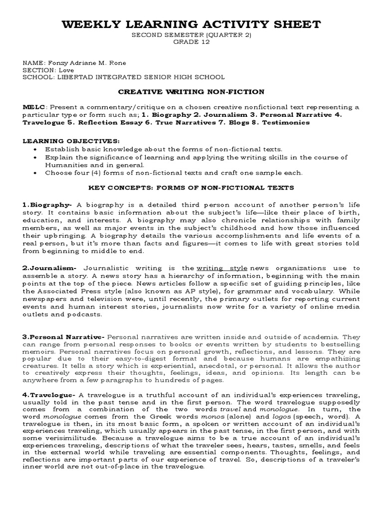 Grade 12 Creative Writing Non-Fiction | PDF | Creative Nonfiction ...