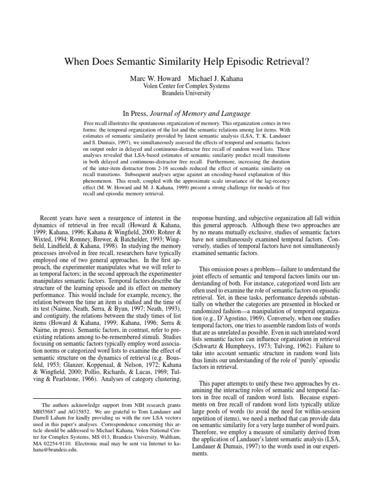 When Does Semantic Similarity Help Episodic Retrieval?: Marc W. Howard Michael J. Kahana | PDF ...