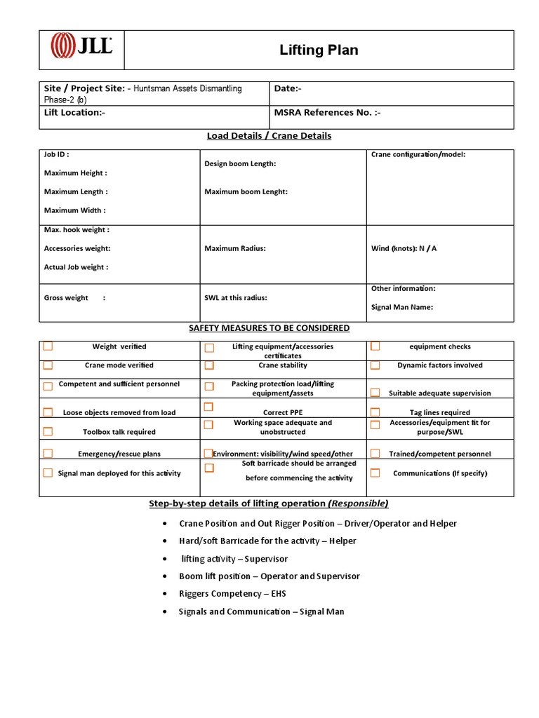 Lifting Plan: Site / Project Site: - Date:-Lift Location: - MSRA ...