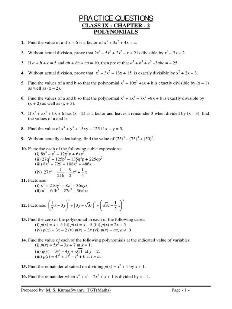 Practice Questions: Class Ix: Chapter - 2 Polynomials | PDF | Factorization | Algebra