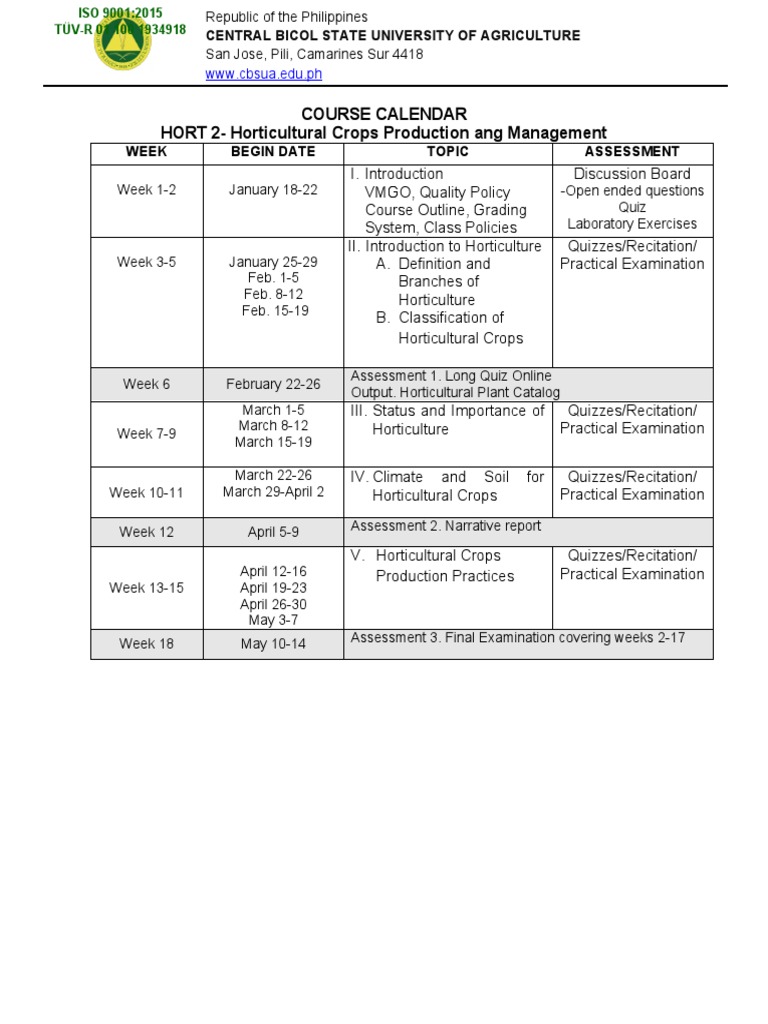 Course Calendar HORT 2-Horticultural Crops Production Ang Management | PDF