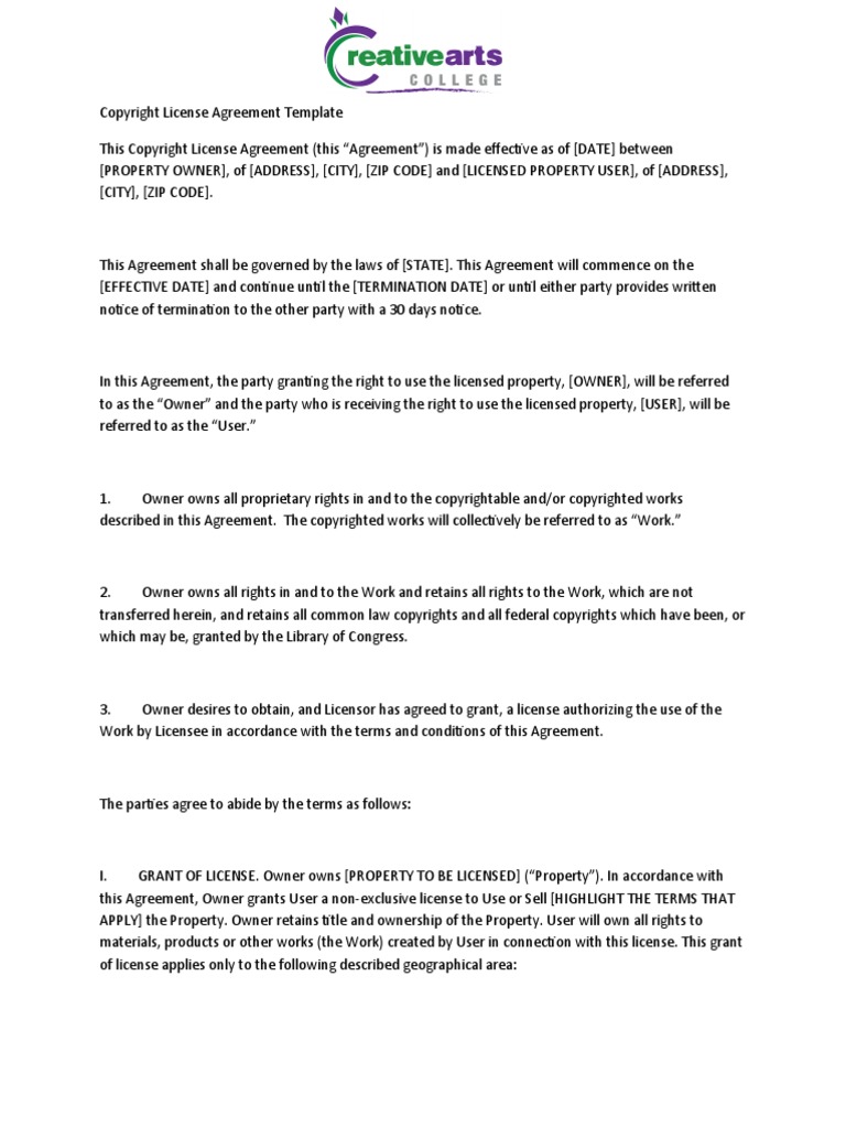 4.2 Copyright License Agreement Template | Download Free PDF | License ...
