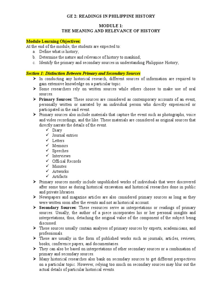 Ge 2 - 1 Meaning and Relevance of History | PDF | Primary Sources | Science