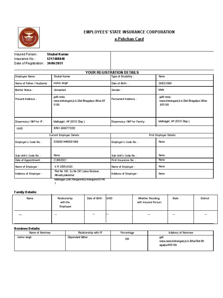 Employees' State Insurance Corporation E-Pehchan Card: Insured Person ...