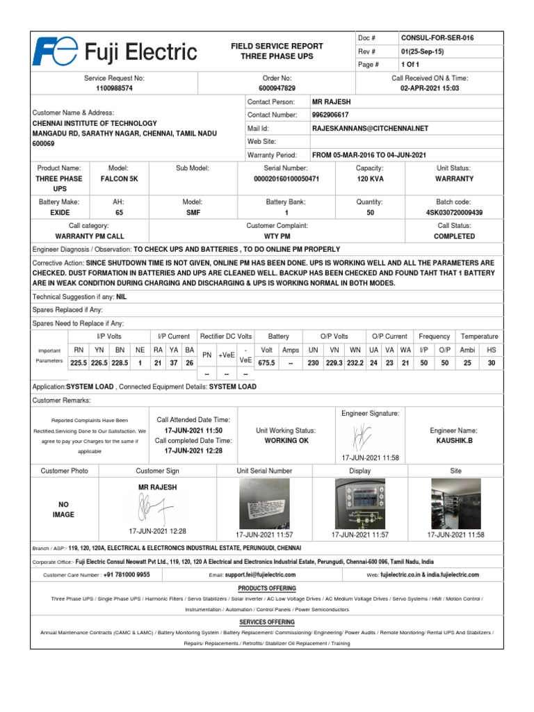 Three Phase UPS Field Service Report | PDF | Power Inverter ...