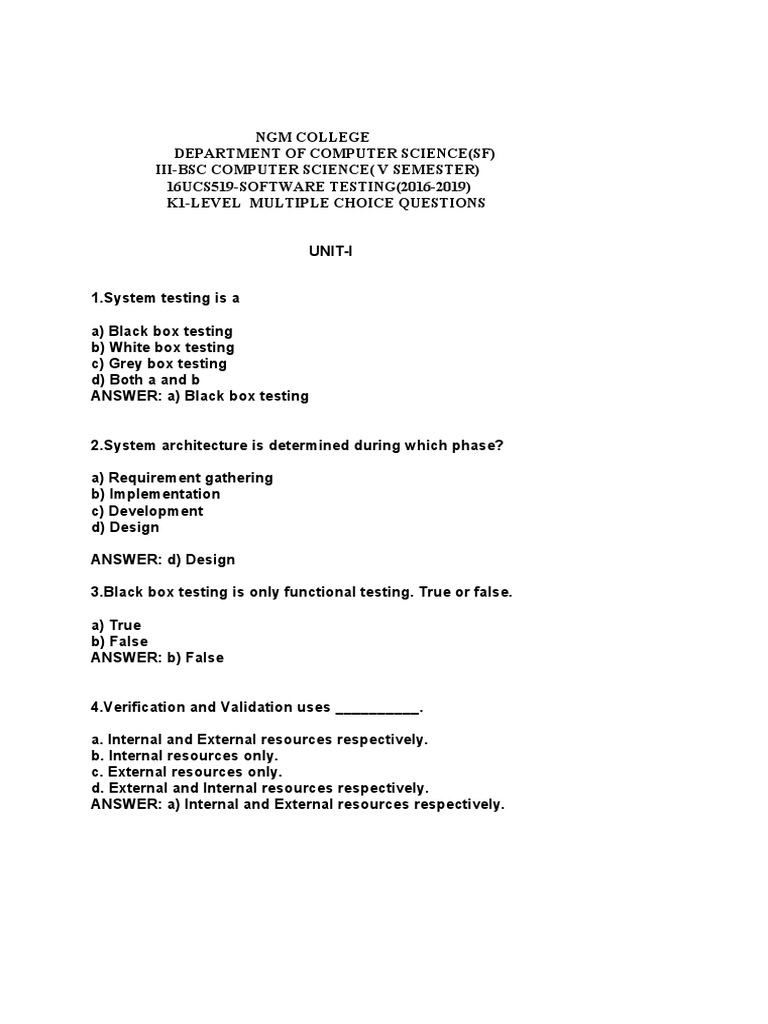 B.SC - Computer Science SF 16UCS519 Software Testing | PDF | Software ...