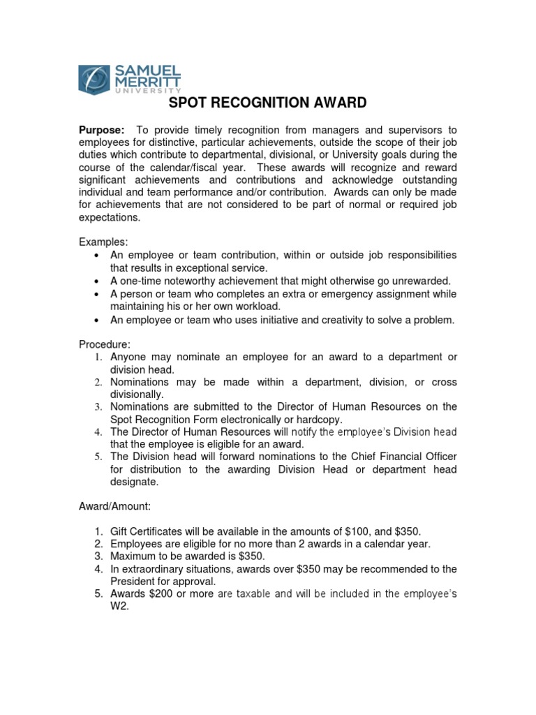 Spot Recognition Award | PDF | Business | Labour