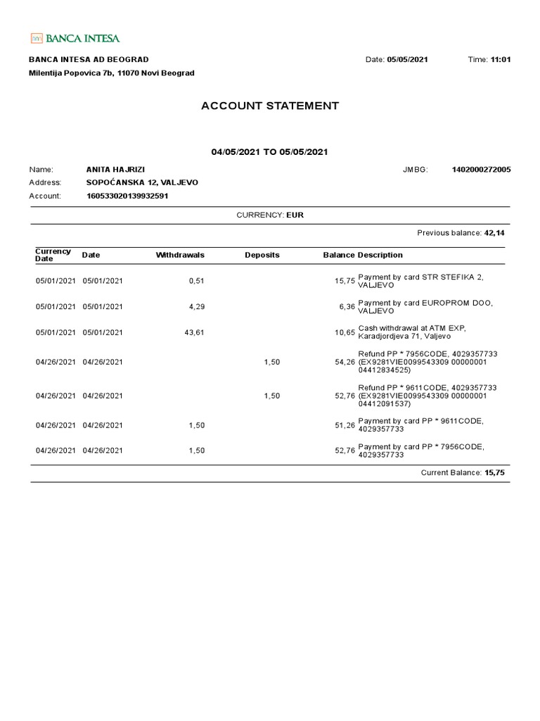 Anita Bank Statment | PDF