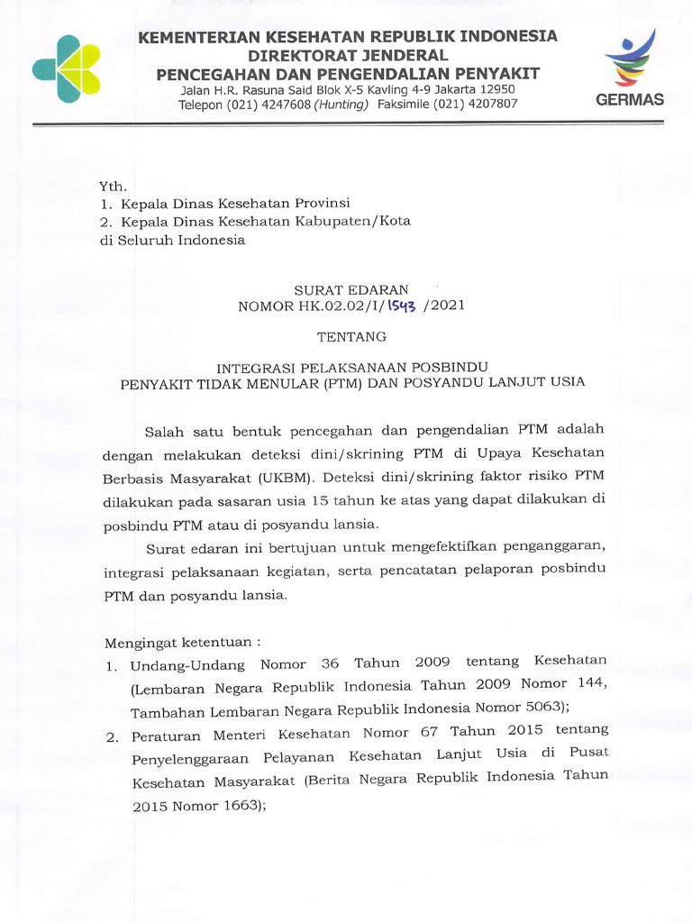 'Surat Edaran Integrasi Posbindu PTM Dan Posyandu Lansia' With You | PDF