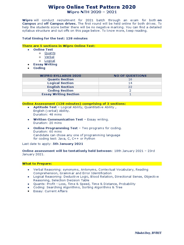 Wipro Online Test Pattern 2020 | PDF