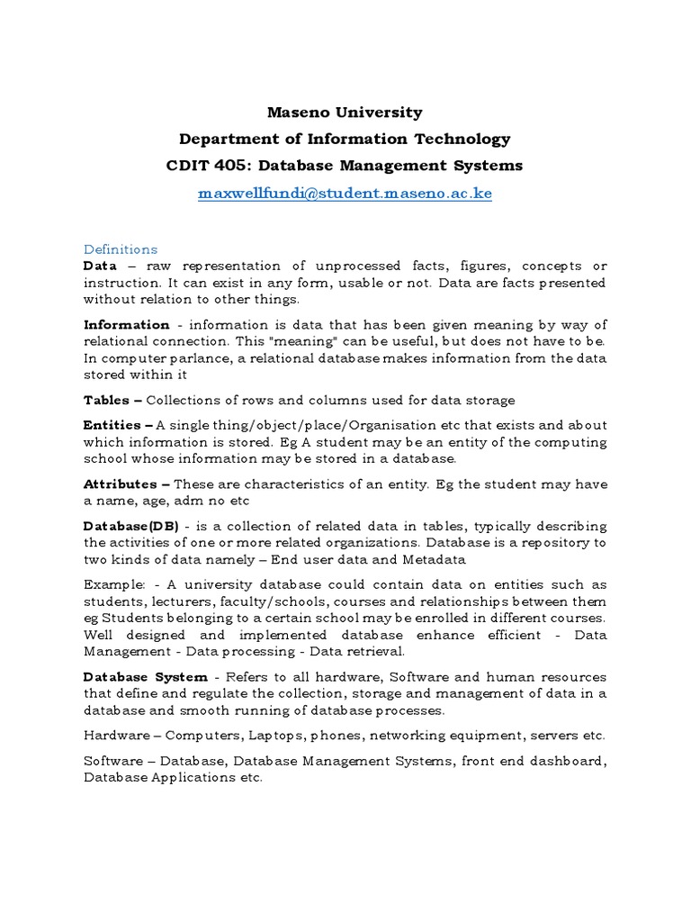 CDIT 405 Lecture 1 - Introduction To DBMS | PDF | Relational Database | Databases