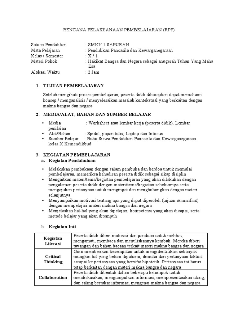 Contoh RPP 2 Lembar | PDF