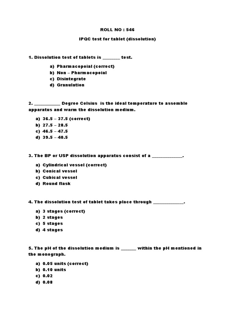 546 - IPQC Tablet Test (Dissolution) MCQ | PDF | Wellness | Science ...
