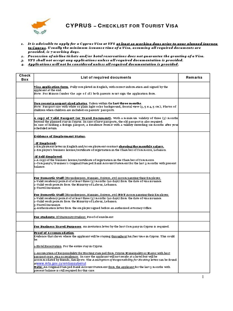 Cyprus C T V: - Hecklist For Ourist ISA | PDF | Travel Visa | Passport