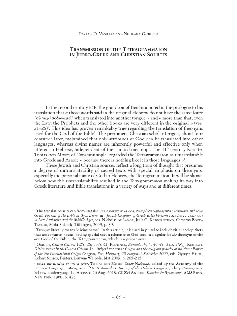 Transmission of The Tetragrammaton in Judeo-Greek and Christian Sources ...