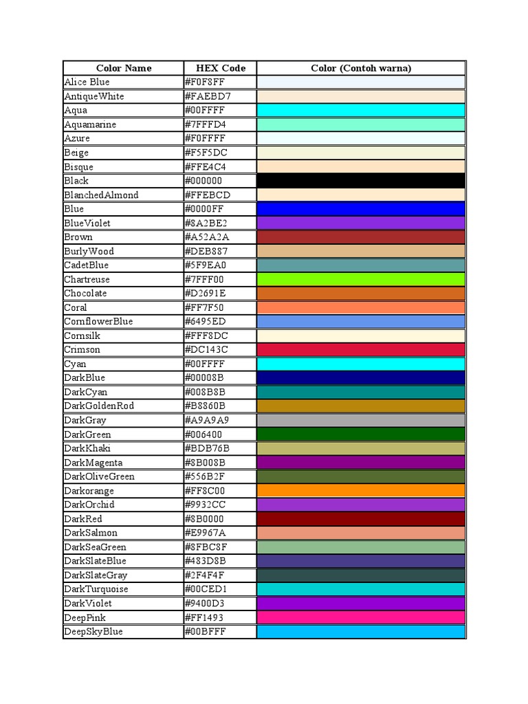 Color Name HEX Code Color (Contoh Warna) | PDF | Traditional Board ...