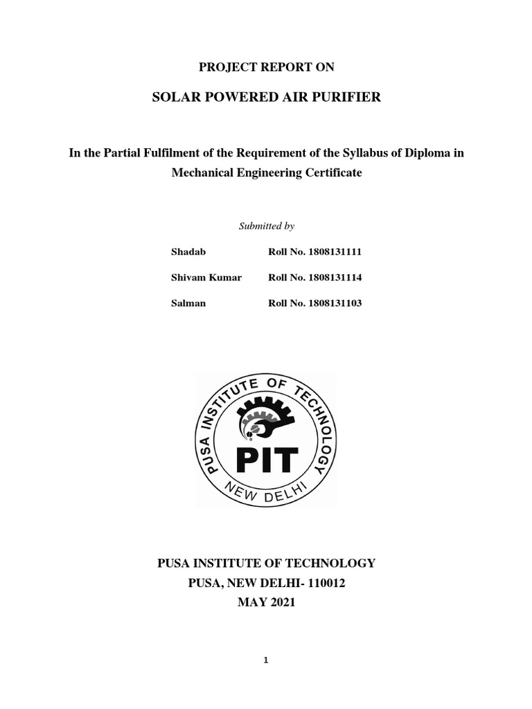 Project Report On Solar Powerd Air Purifier by Salman (Pit) 1808131103 ...