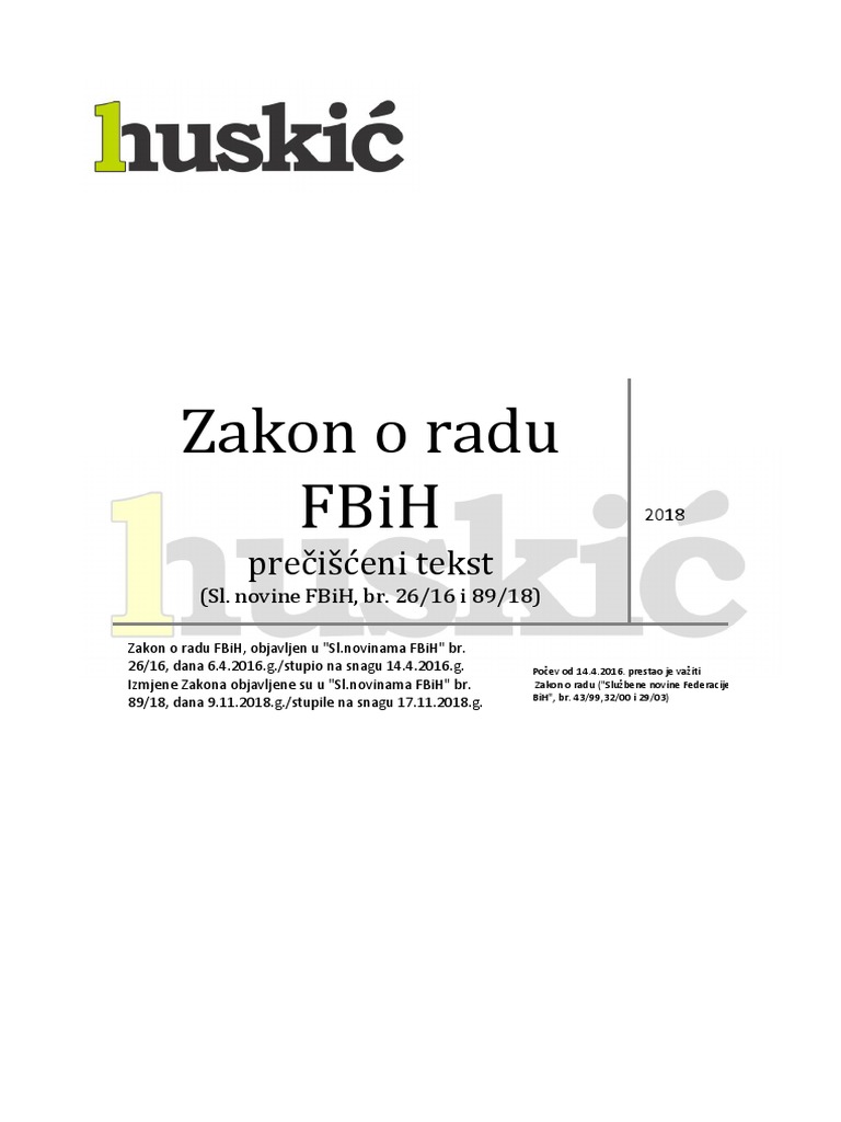 Zakon o Radu FBiH Precisceni Tekst | PDF