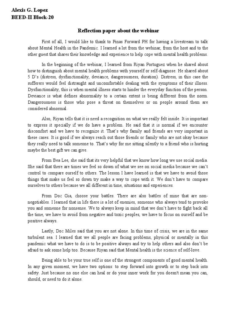 Alexis G. Lopez BEED-II Block-20 Reflection Paper About The Webinar | PDF | Mental Disorder ...
