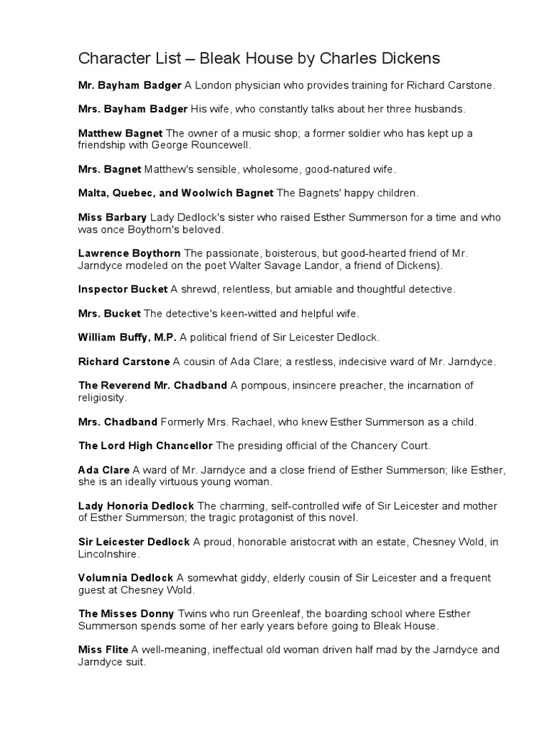 Character List - Bleak House by Dickens | PDF | Bleak House | Novels