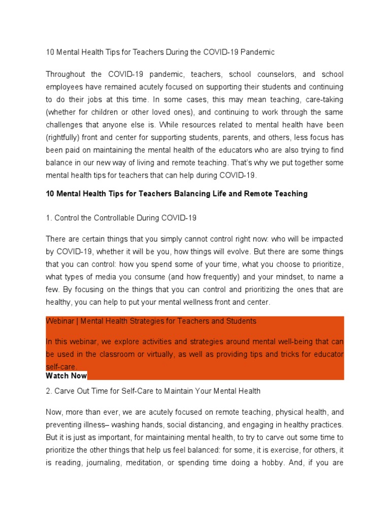 10 Mental Health Tips For Teachers During The COVID | PDF | Teachers ...
