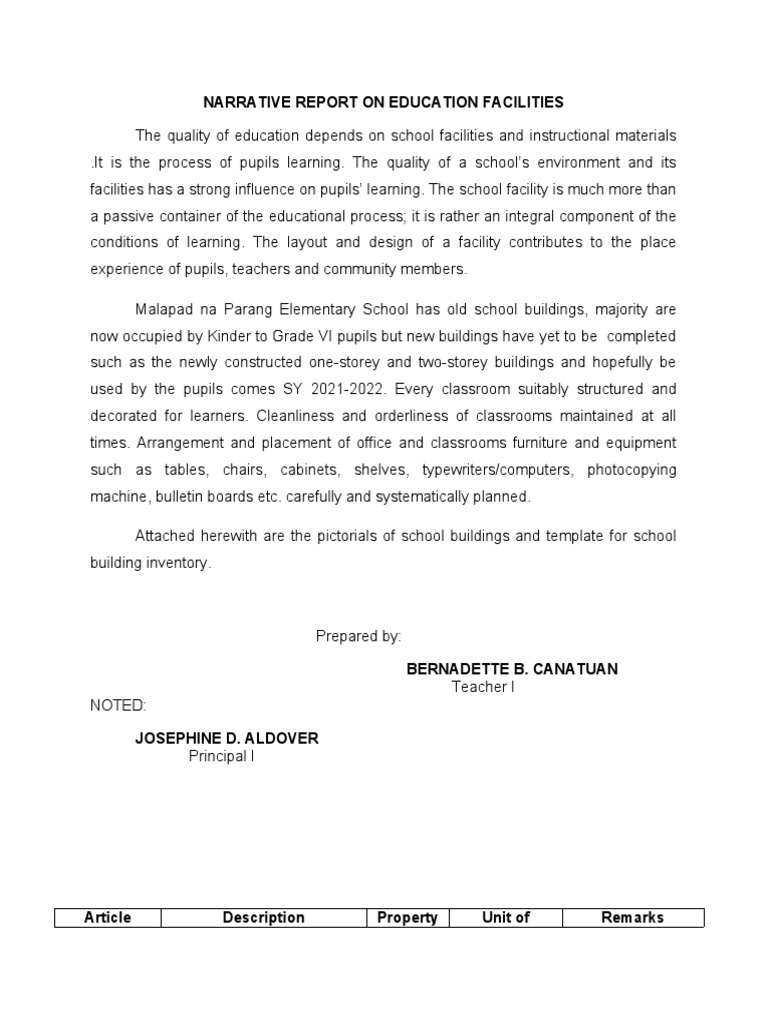 Narrative Report On Education Facilities | PDF | Classroom | Behavior ...