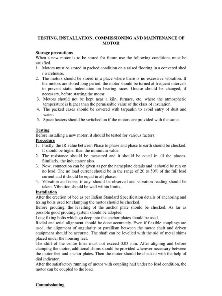 Testing, Installation, Commissioning and Maintenance of Motor Storage ...