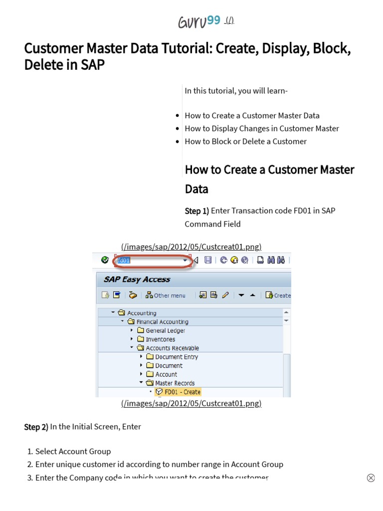Customer Master Data Tutorial - Create, Display, Block, Delete in SAP | PDF | Information ...