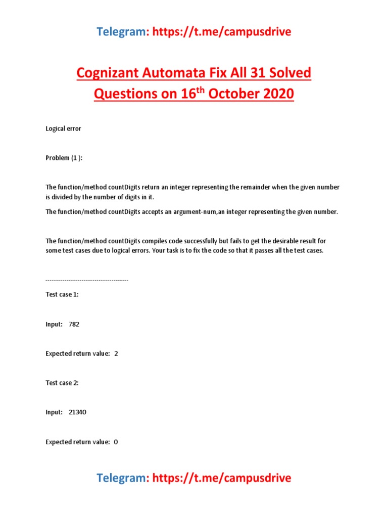 Cognizant Automata Fix All 31 Solved Questions On 16 October 2020 | PDF ...